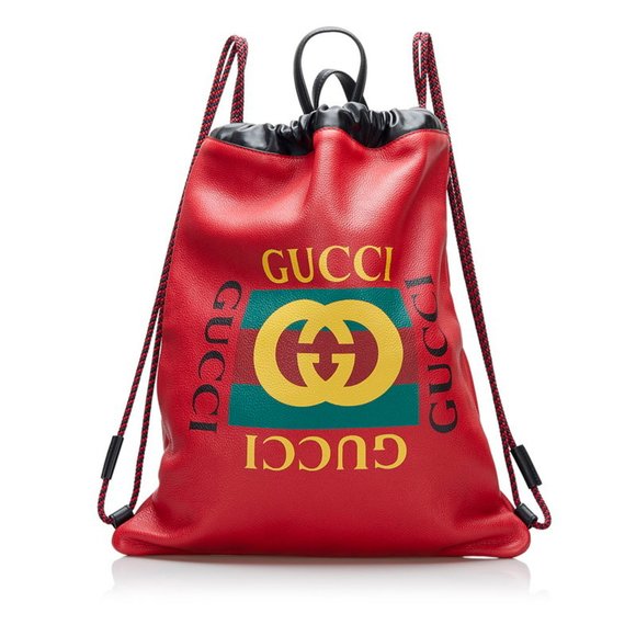 Gucci | Bags | Gucci Drawstring Knapsack Rucksack 56639 Red Leather ...